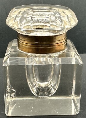 Antique Heavy Clear Glass Square Inkwell with Hinged Lid in Brass As Is ...