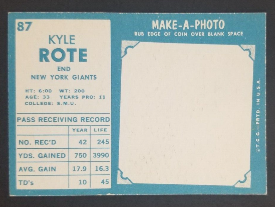Kyle Rote 1961 Topps Football Card #87 (EX Minor Corner Wear) | eBay