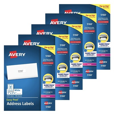5 Pack Avery Easy Peel Address Labels Laser 1 x 2 5/8 White 5160 15000 ...
