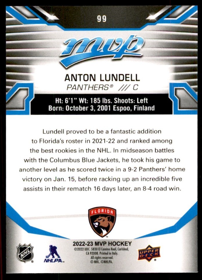2022-23 Upper Deck MVP #99 Anton Lundell | eBay