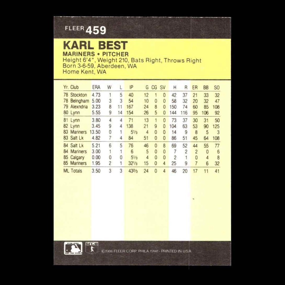 Karl Best 1985 Fleer Seattle Mariners #459 R318H 59 | eBay