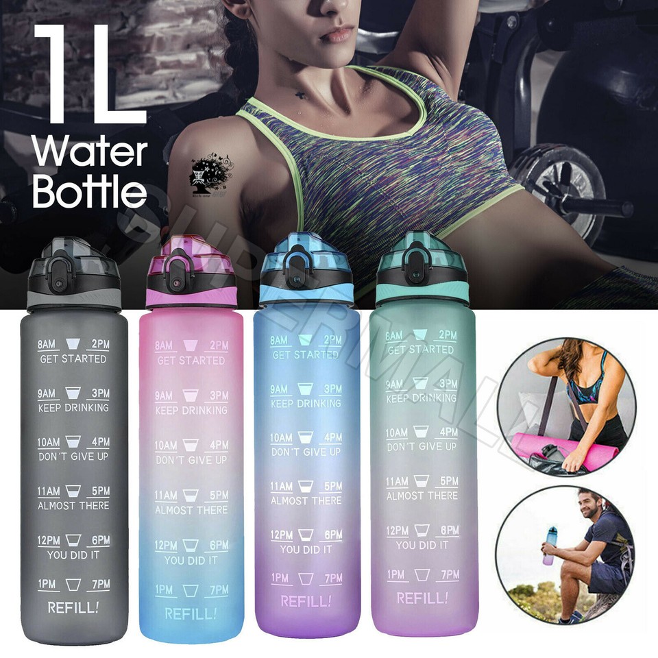 1L Water Bottle Motivational Drink Flask Time Markings BPA Free Sport ...