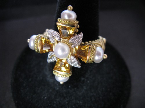 BARBARA BIXBY RING S 6.75 DIAMOND PEARL CITRINE 18K CROSS HONORA LEAVES ...