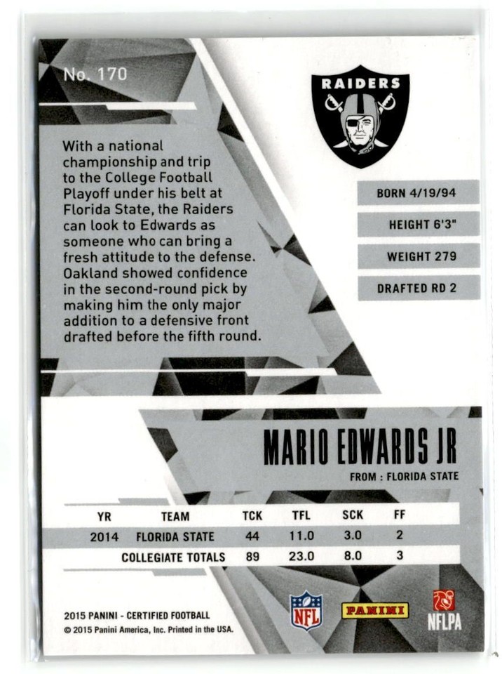 Mario Edwards Jr. RC,SN Oakland Raiders 2015 Panini Certified #170 | eBay