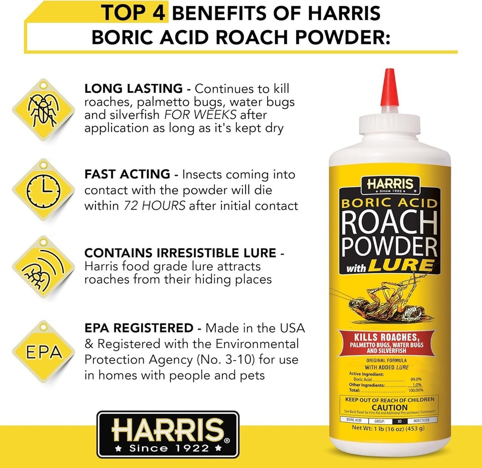 HARRIS Boric Acid Roach and Silverfish Killer Powder w/Lure for Insects ...