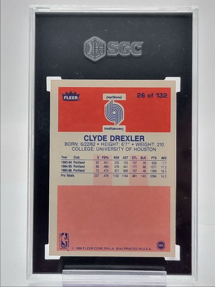 CLYDE DREXLER 1986-87 FLEER PREMIER BASKETBALL ROOKIE #26 RC SGC 7.5 ...
