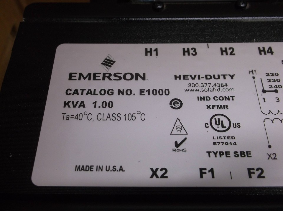 E1000 Emerson NEW In Box Transformer 1kVA 240/480V Primary, 110/120V ...