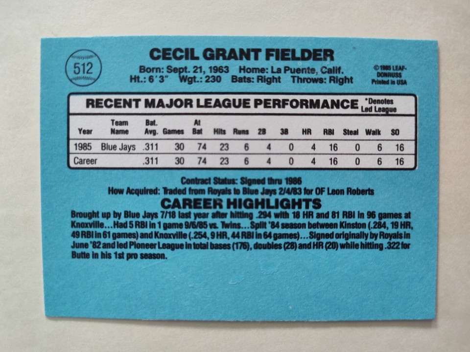 CECIL FIELDER Toronto BLUE JAYS 1986 DONRUSS BASEBALL CARD #512 RC | eBay