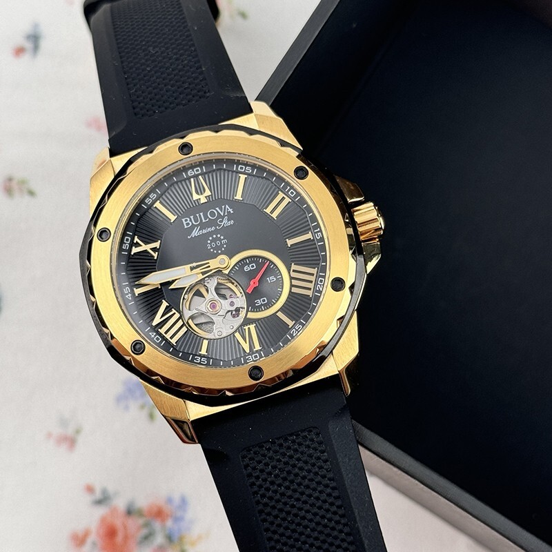 Bulova 98A272 Marine Star Black Dial Rubber Strap Steel Men's Automatic ...