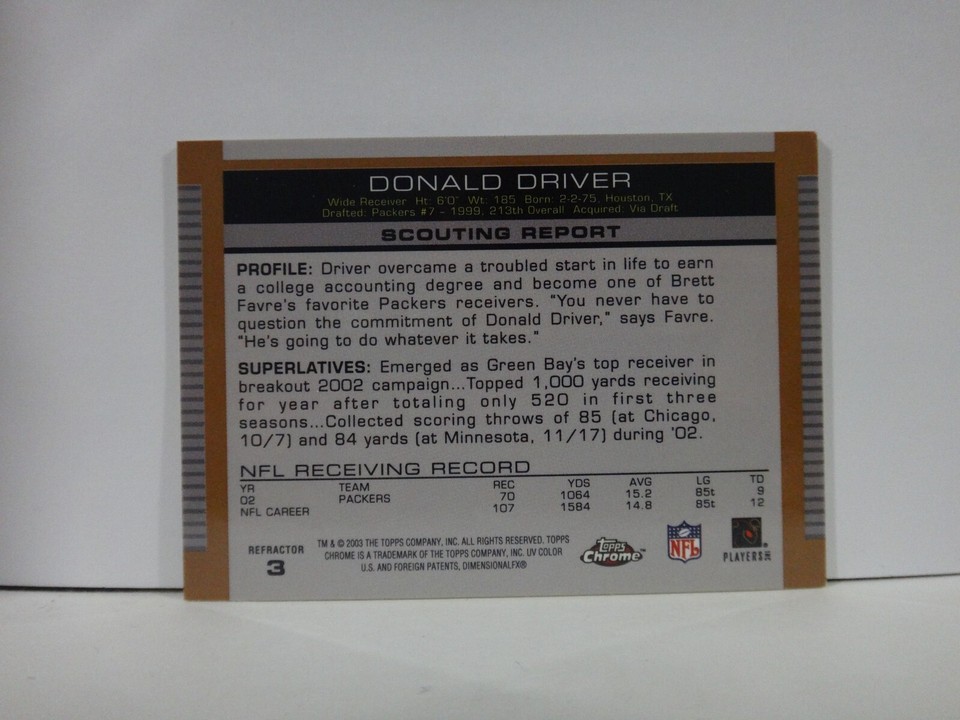 2003 Topps Draft Picks & Prospects Chrome Gold Refractor Donald Driver ...