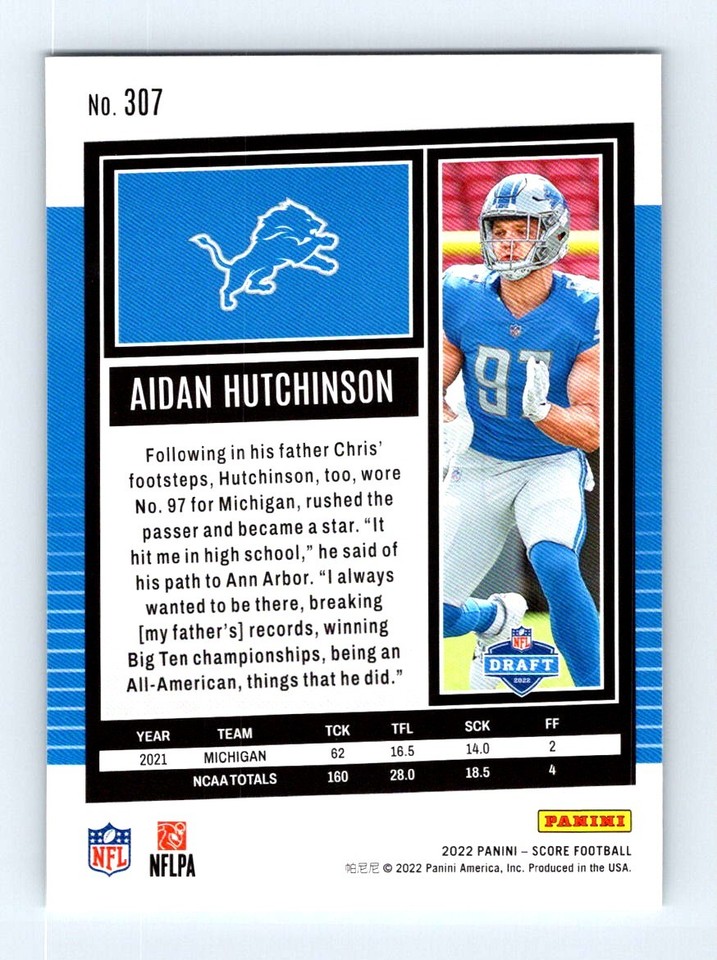 #307 2022 Score BASE // Aidan Hutchinson RC Detroit Lions | eBay