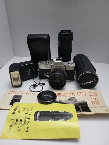 Minolta SRT 201 35mm Camera MD 50mm 1.7 Rokkor-X Lens, Zoom 85-200mm ...