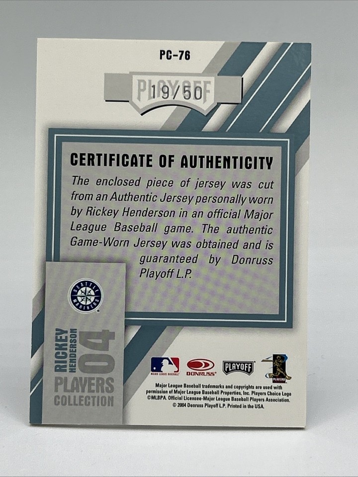 2004 Playoff Honors Player Collection #PC76 Rickey Henderson Game ...