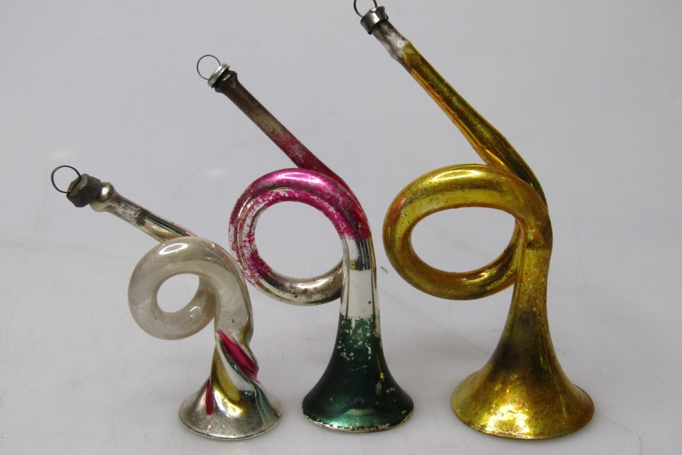 Lot Vintage Blown Glass FRENCH HORN Music Instrument Christmas ...