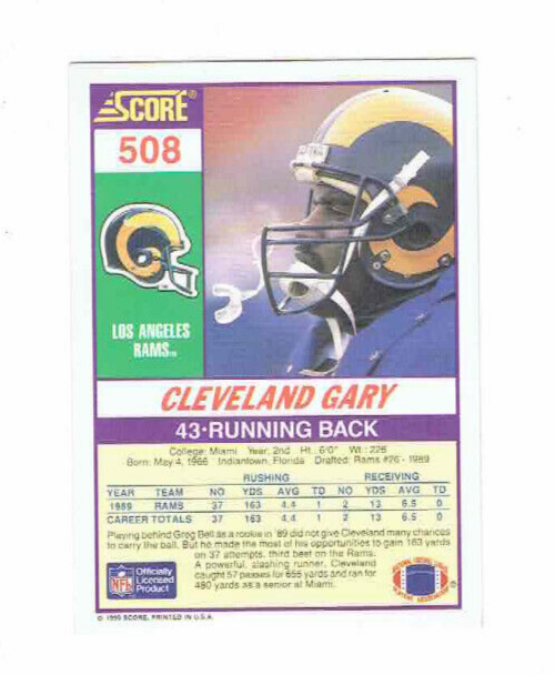 Cleveland Gary LA Rams #43 Running Back #508 Score 1990 Football Card ...
