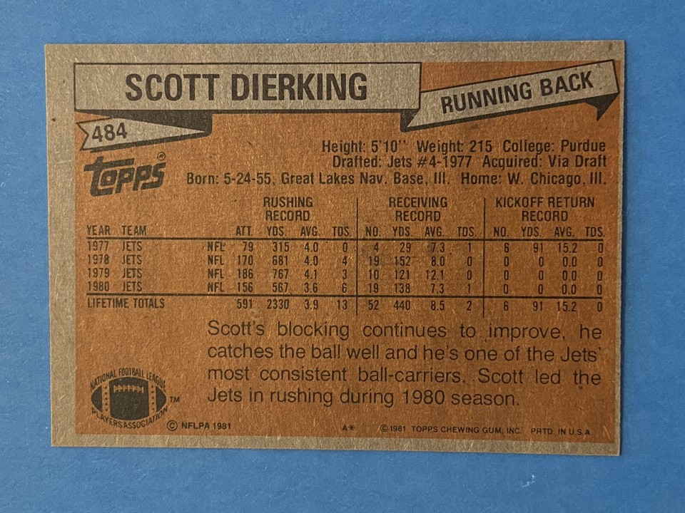 SCOTT DIERKING Signed 1981 Topps #484 NY Jets Purdue Boilermakers ...