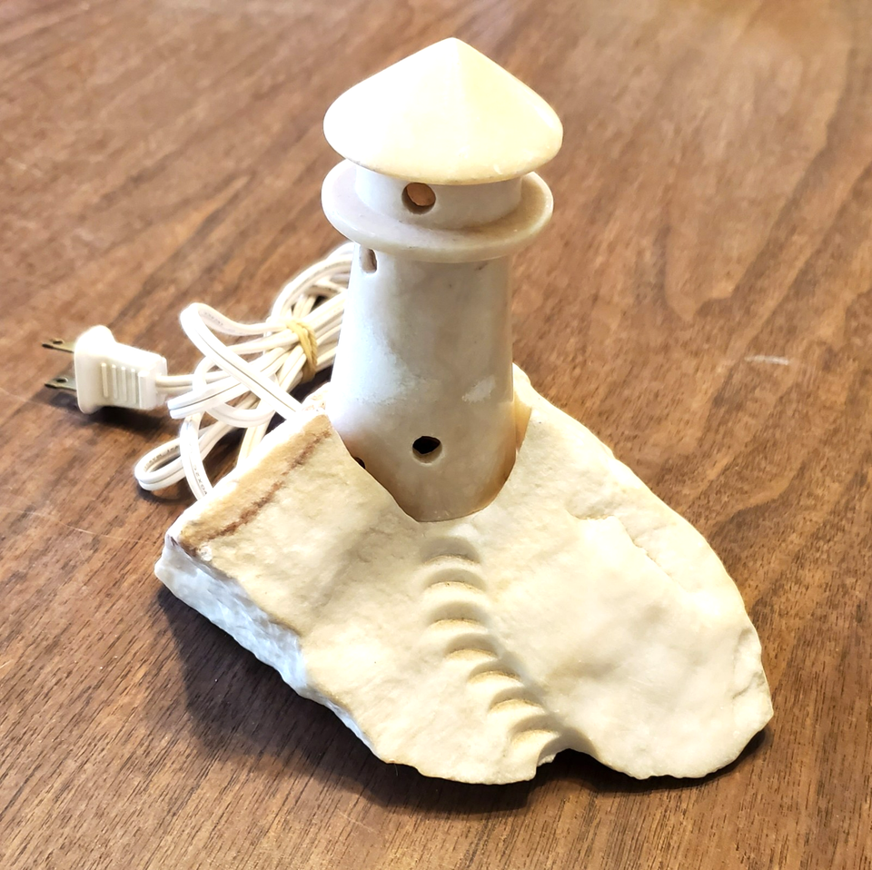 Alabaster lighthouse nightlight carved vintage sculpture rock lighting ...