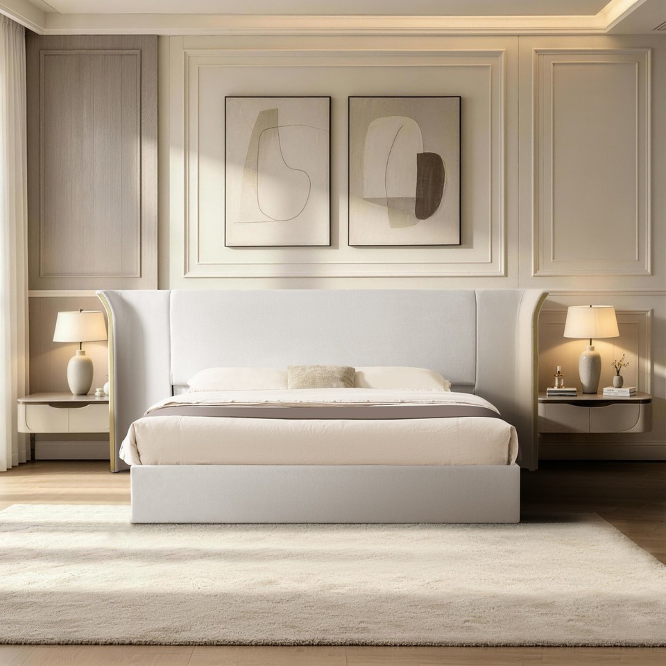 Queen/King Bed Frame Fabric Upholstered Wingback Headboard No Box ...