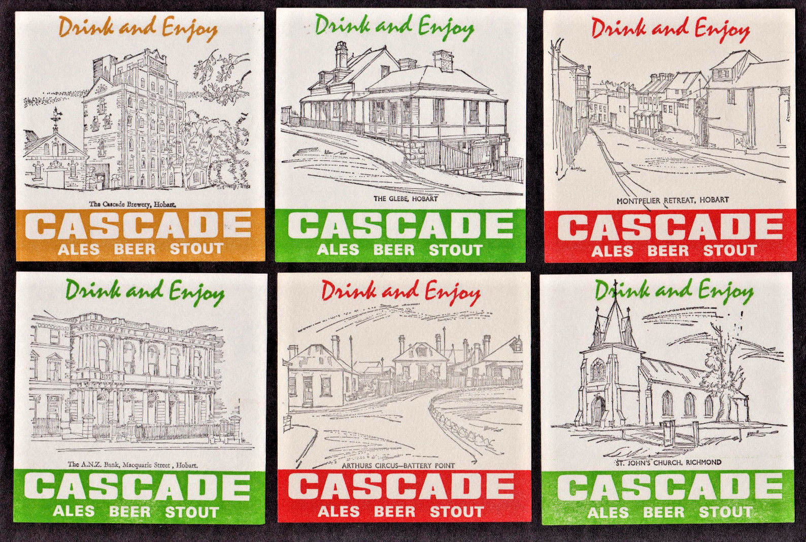 12 (6 Different Buildings) CASCADE Ale Beer Stout Coasters Tasmania ...