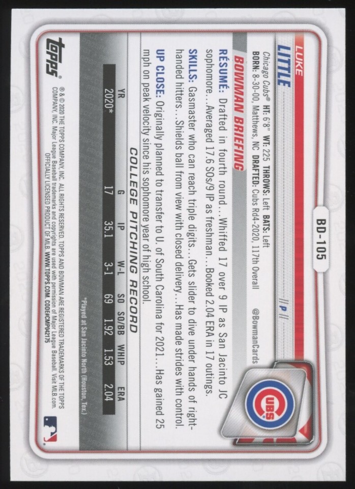 2020 BOWMAN DRAFT #BD-105 LUKE LITTLE PAPER BASE QTY AVAIL CUBS | eBay