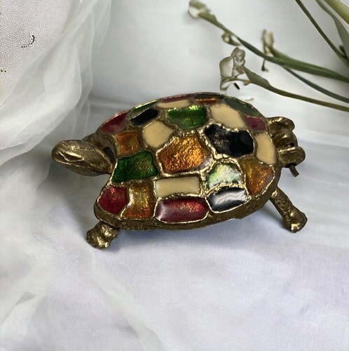 Vintage Trinket Turtle Multi Color Enameled Shell Brass Wire Hinged ...