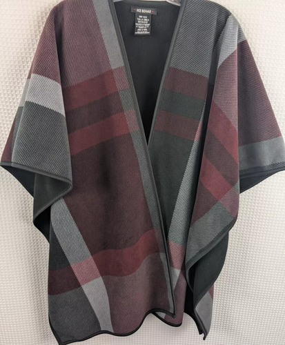 Ike Behar Maroon/Gray/Black Plaid Open Front Reversible Wrap Poncho One ...
