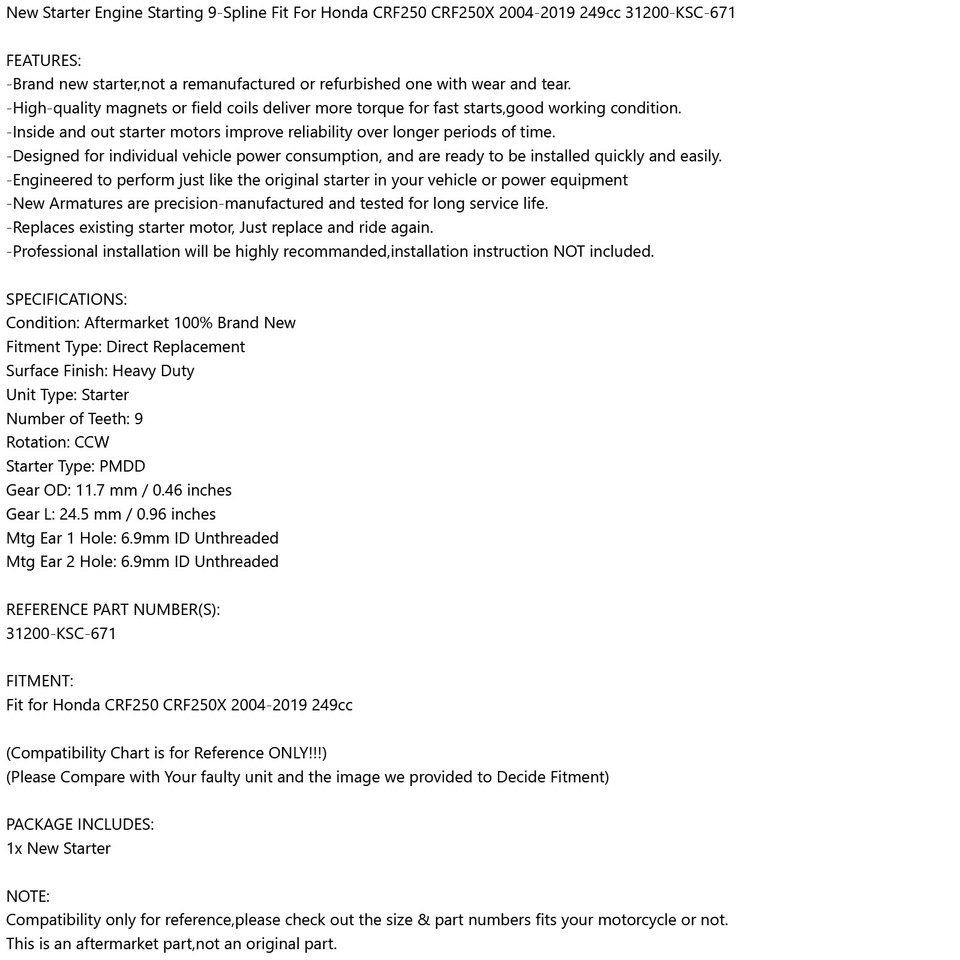 NEW STARTER CCW 9-LINE Fit for Honda CRF250 CRF250X 2004-2019 31200-KSC ...