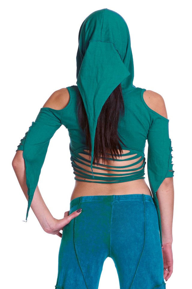 Slashed Back Top Cotton Pointy 3/4 Sleeves Crop Psy Trance Pixie Hood ...