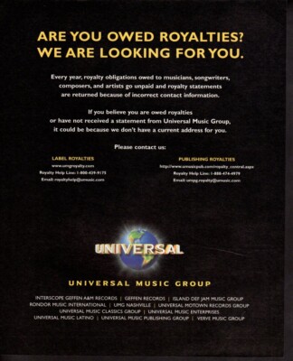 Vintage print advertisement Music Universal Group Are you OWED ...