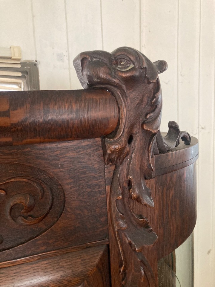 Antique Oak JR Horner carved Curve Glass China Cabinet Full Body Carved ...
