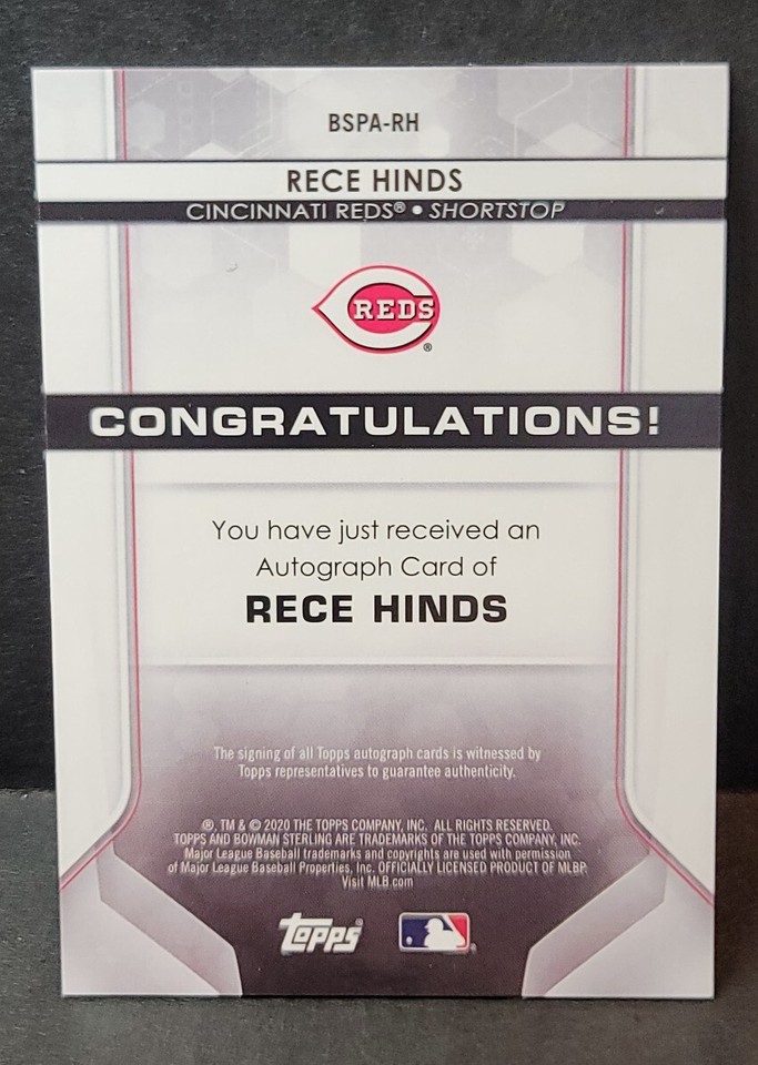 RECE HINDS 2020 Bowman Sterling Prospects Reds #BSPS-RH RC Refractor ...