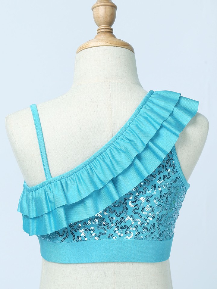 Girls Sequined Ruffled Ballet Dance Crop Top Modern Jazz One Shoulder ...