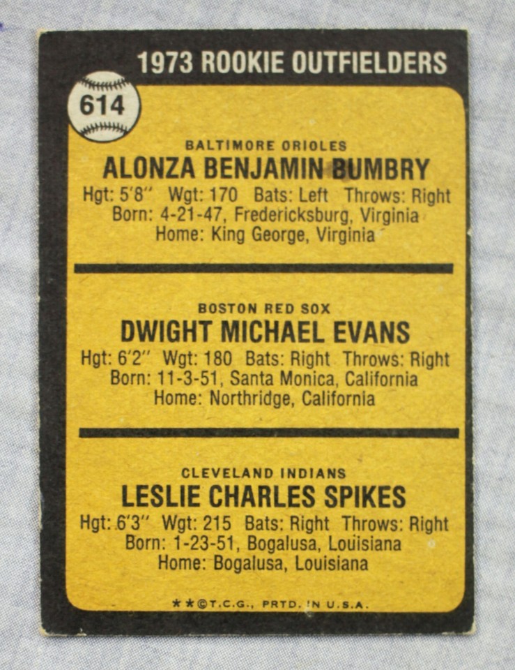 Dwight Evans Red Sox Alonzo Bumbry Spikes 1973 Topps Rookie Outfielders ...