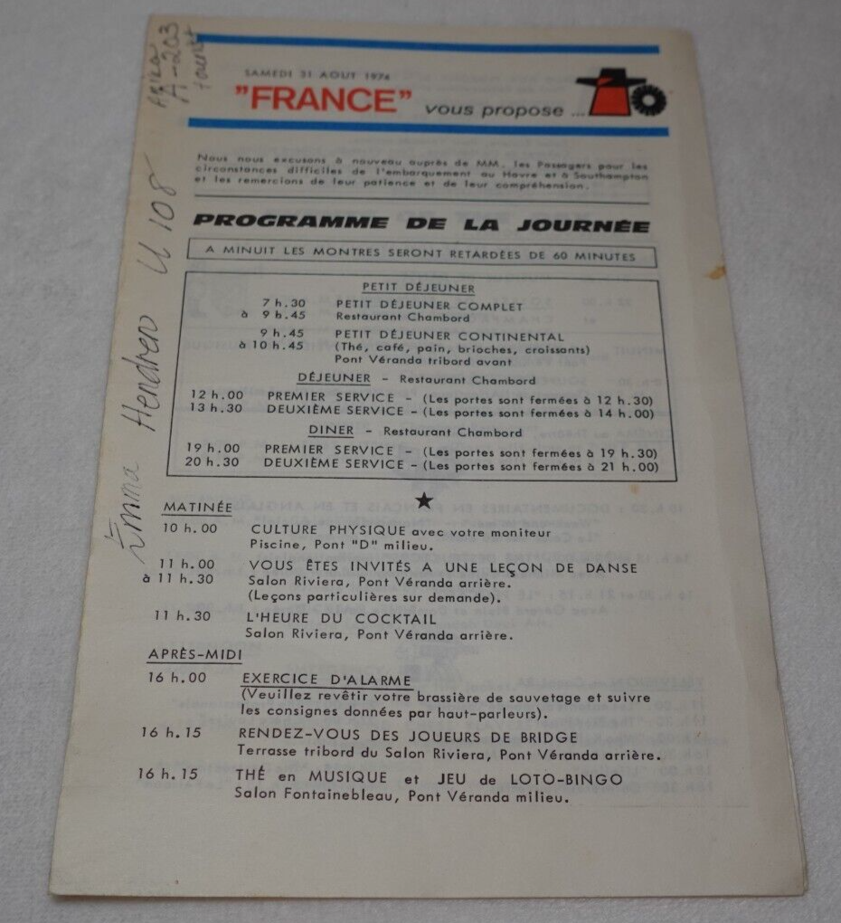 SS France French Line 1974 Vintage Original Events of the Day Pamphlet ...