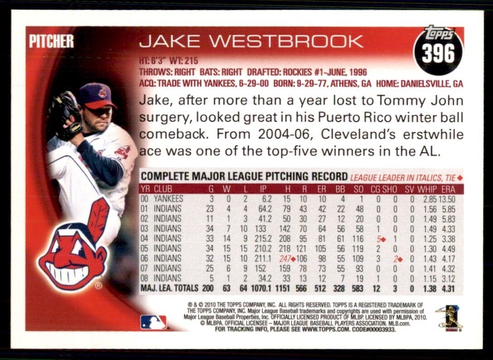 2010 Topps Jake Westbrook Cleveland Indians #396 MLB Baseball Sports ...