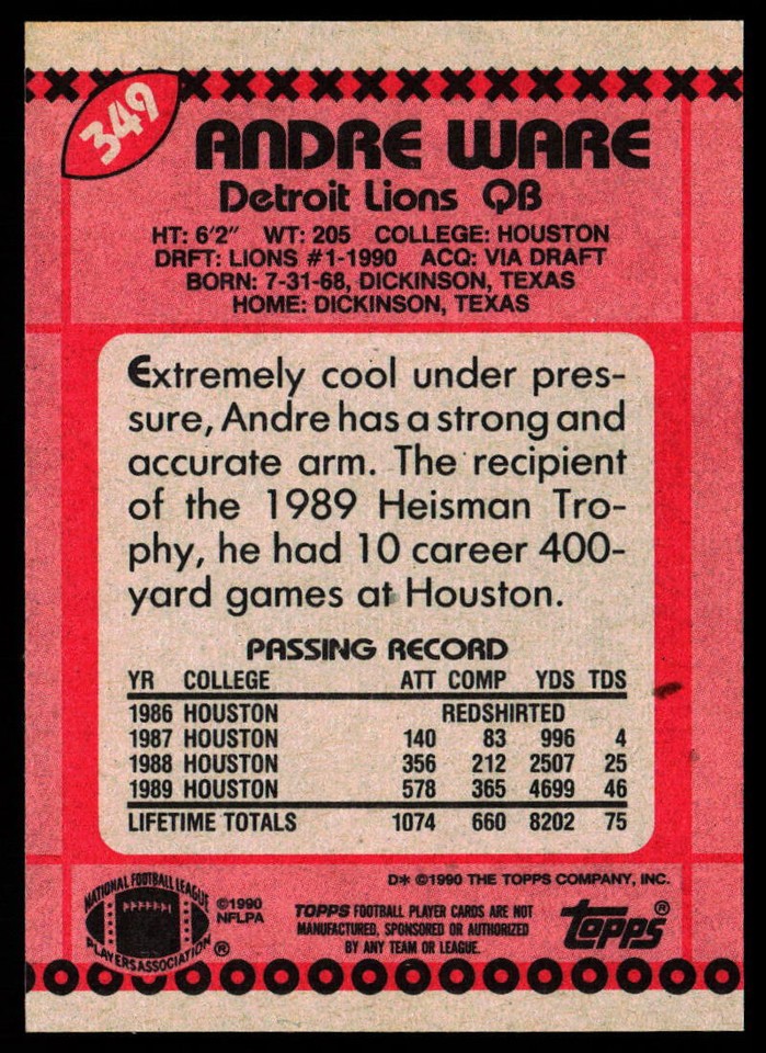 1990 Topps #349 Andre Ware | eBay