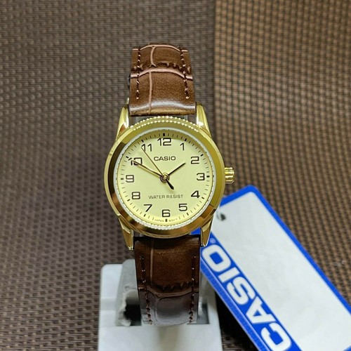 Casio LTP-V001GL-9B Classic Gold Analog Quartz Brown Leather Ladies ...