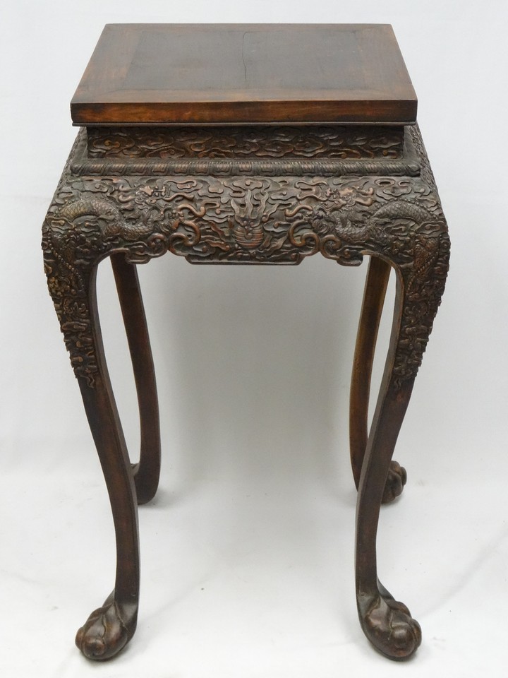 ANTIQUE QING CHINESE HONG MU CARVED WOOD DRAGON MOTIF JARDINIERE STAND ...