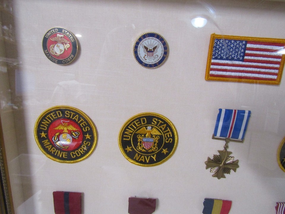 WOODEN MILITARY DISPLAY SHADOW BOX ALL FORCES MEDALS PATCHES EMBLEMS ...
