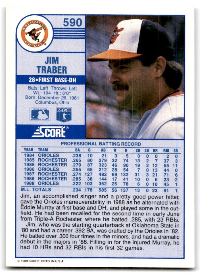 1989 Score Jim Traber dh Baltimore Orioles #590 | eBay