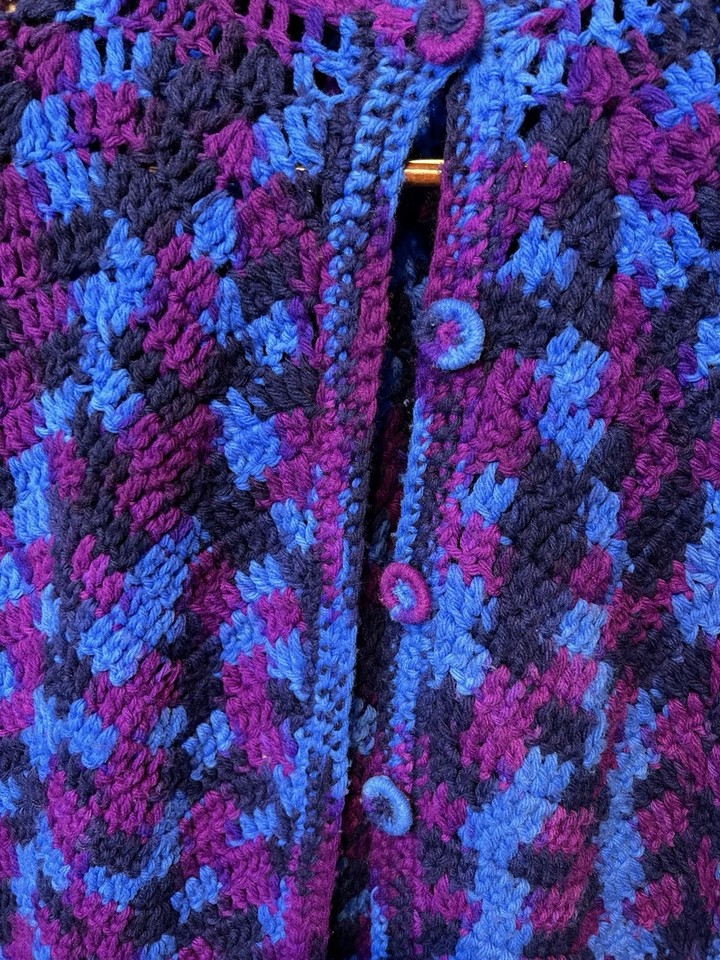 Home Made Afghan Style Poncho Button Down Blue Purple. C28” L 28” | eBay