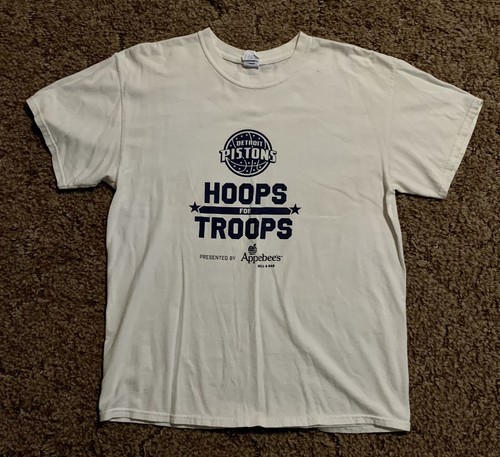 Detroit Pistons Shirt Adult L White Hoops For Troops NBA Logo Tee Mens ...