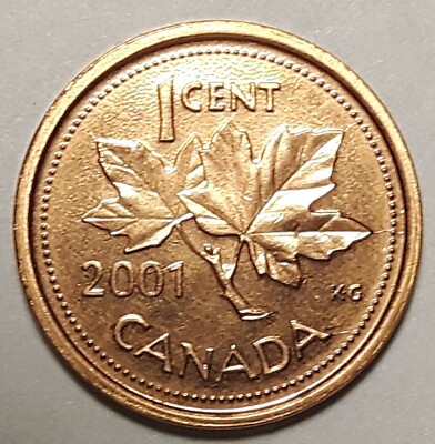 2001 Zinc CANADA 1 Cent Uncirculated Non-Magnetic Penny From Mint Roll ...
