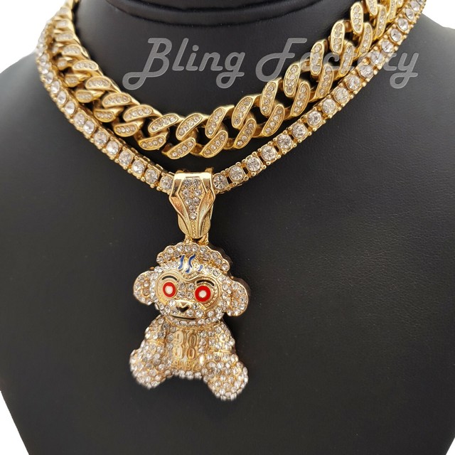 38 BABY Young Boy Monkey Pendant 18" 1 Row Tennis & Cuban Choker Chain ...