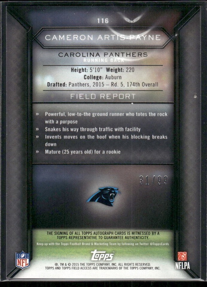 2015 Topps Cameron Artis-Payne #116 Autograph /99 (RC) | eBay