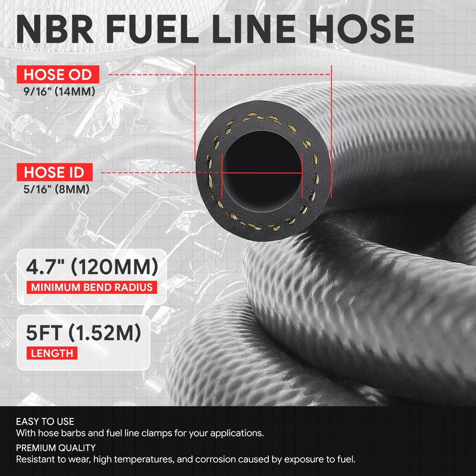 5 Feet 5AN Nitrile Rubber(NBR) Fuel Hose Diesel Gas Line 5/16" Inner ...