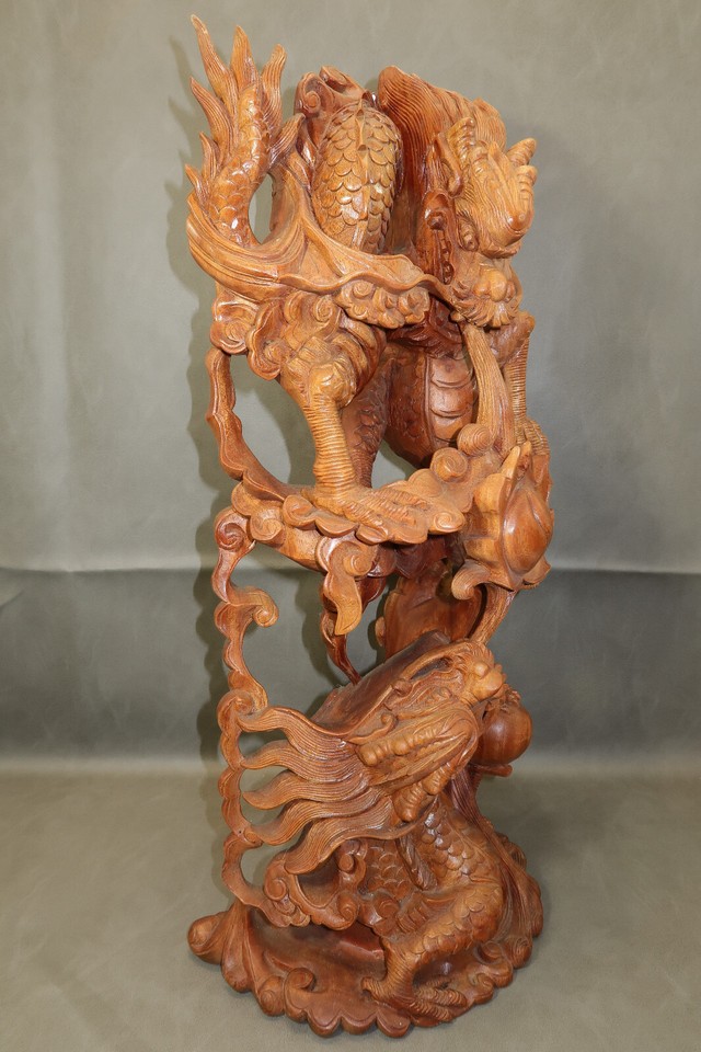 MASSIVE 23+" Chinese Hand Carved Wood Lucky LUNG DRAGON Sculpture ...
