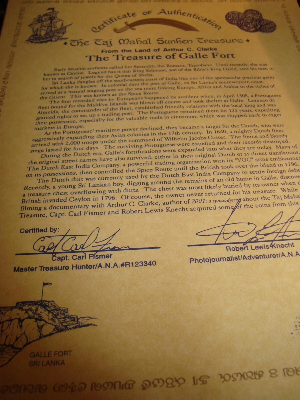 TAJ MAHAL SUNKEN TREASURE CERTIFICATE OF AUTHENTICATION TREASURE OF ...