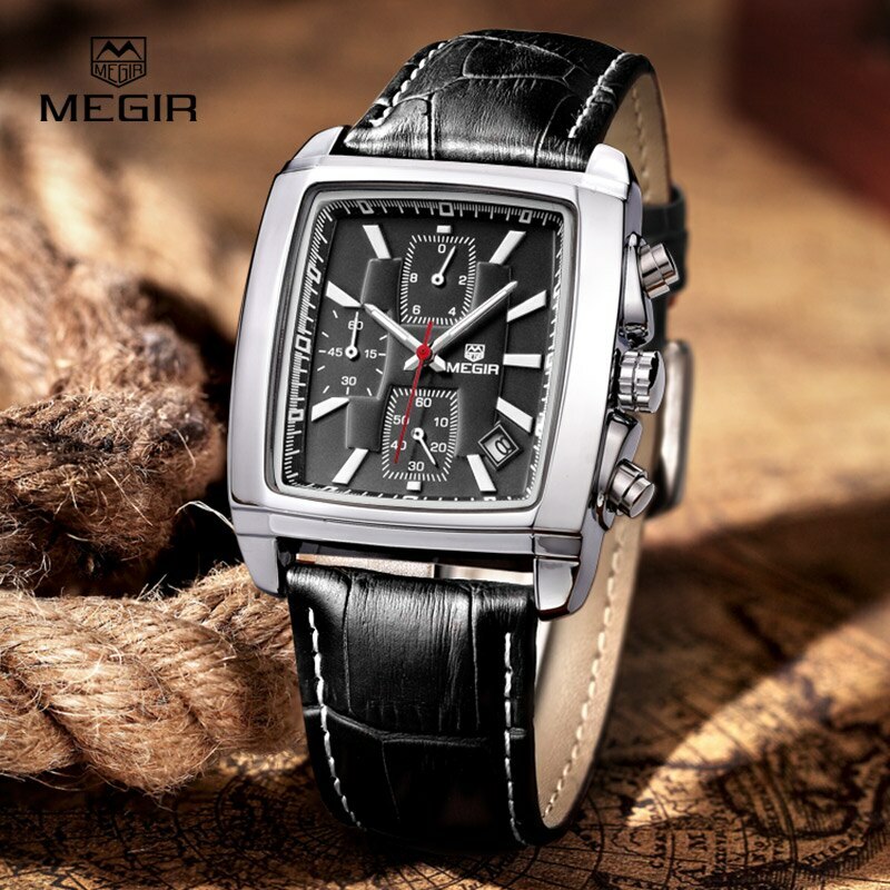 MEGIR Men Chronograph Sports Watch Square Dial Leather Strap Date ...