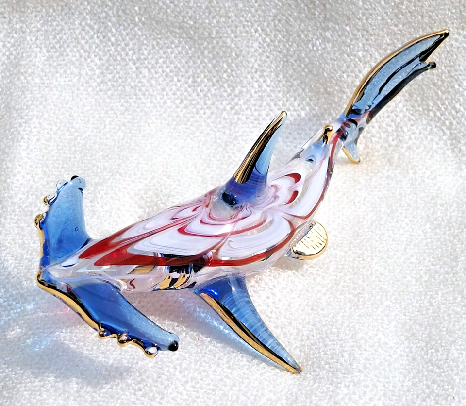 Blue Maroon HAMMERHEAD shark figurine handmade blown glass gold trim 4. ...
